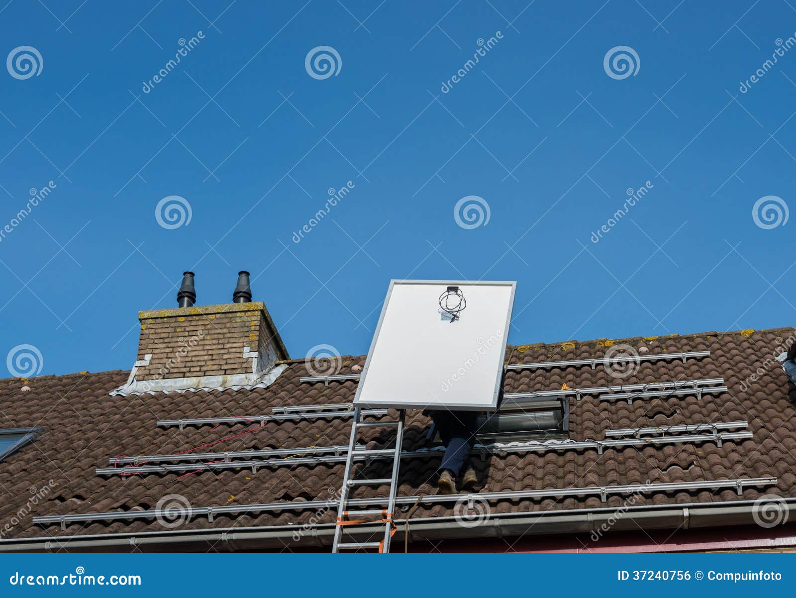 Man Climbing the Ladder with Solar Panel Stock Photo - Image of male ...