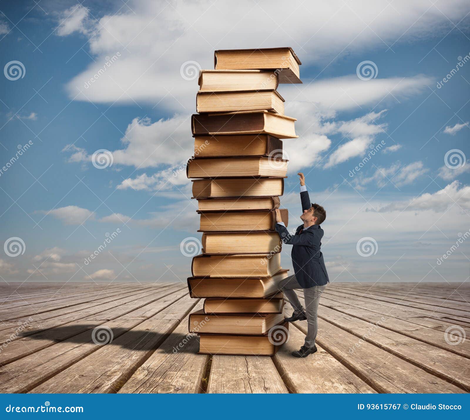 Man Climbing a Stack of Books Stock Image - Image of concept, blue ...