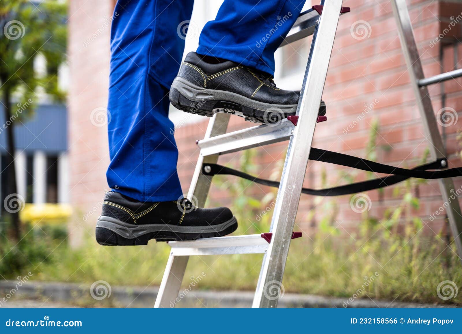 Man Climbing Step Ladder stock photo. Image of plumber - 232158566