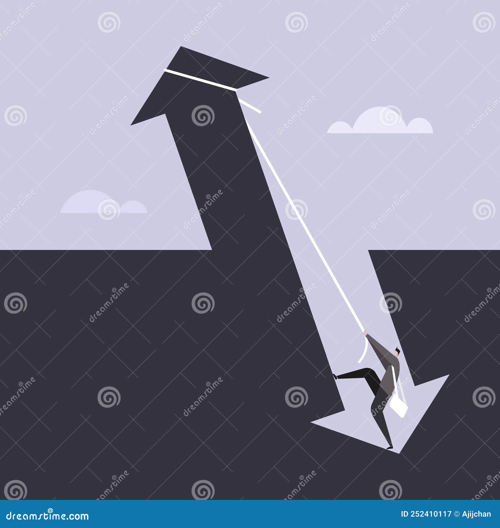 A Businessman Climbing Up from the Down Arrow Using a Rope Stock Vector ...