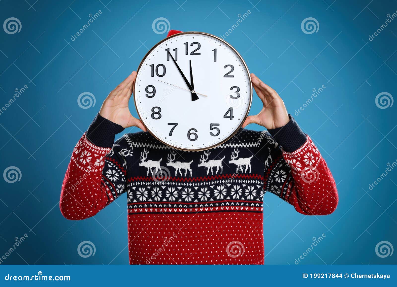 Man with Clock on Blue. New Year Countdown Stock Photo - Image of ...