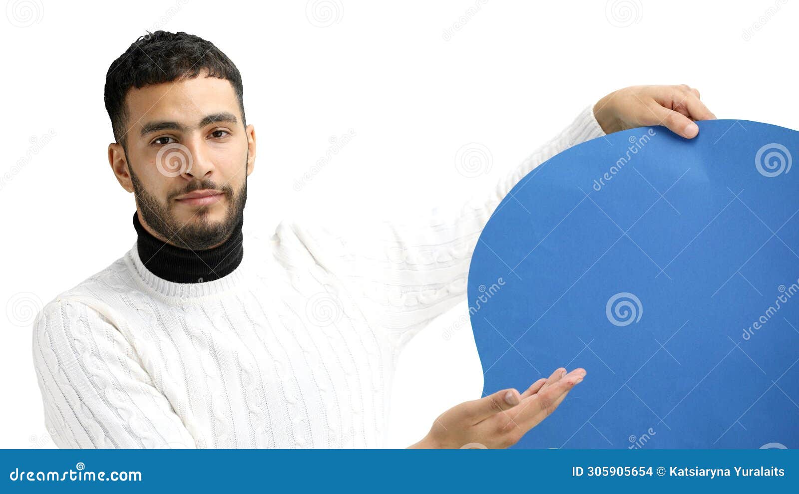 A Man, Close-up, on a White Background, Shows a Blue Comment Sign Stock ...