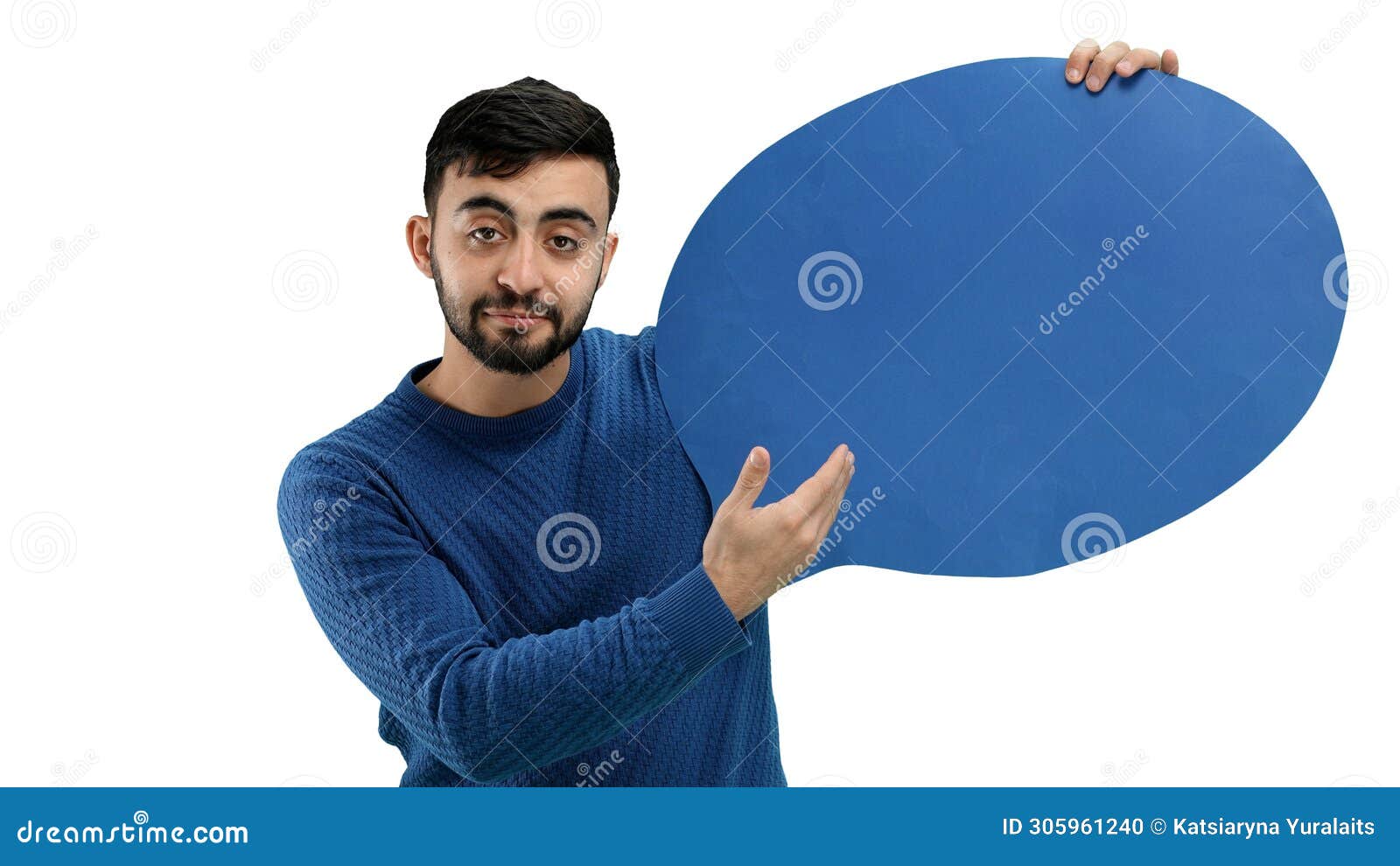 A Man, Close-up, on a White Background, Shows a Blue Comment Sign Stock ...