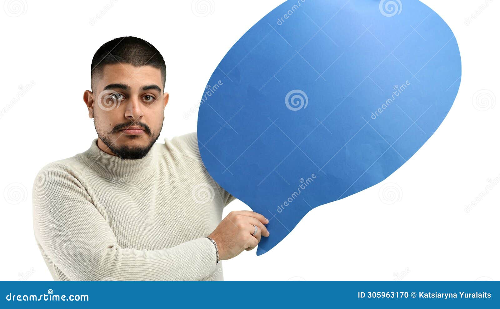 A Man, Close-up, on a White Background, Shows a Blue Comment Sign Stock ...