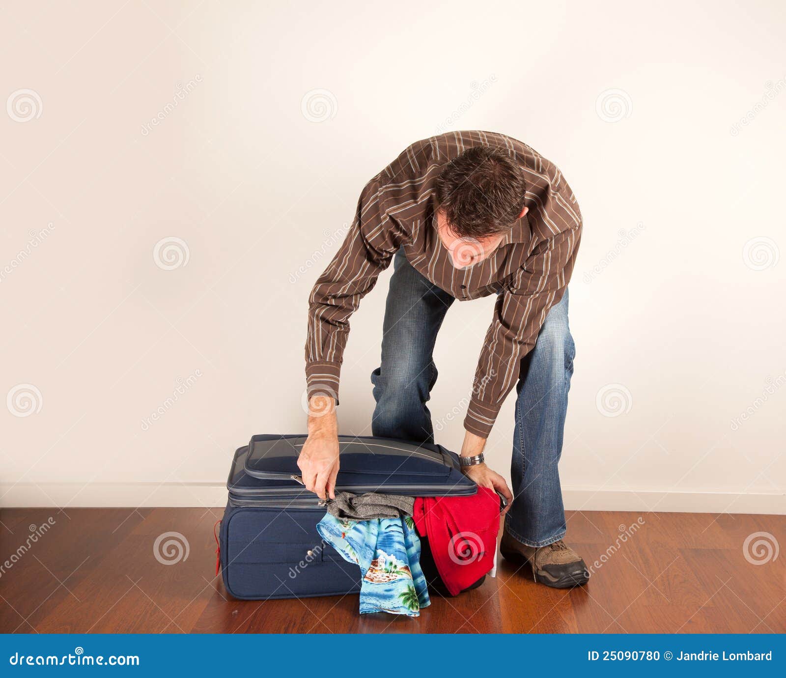Man Closing His Overfull Suitcase Stock Photo - Image of voyage, white ...