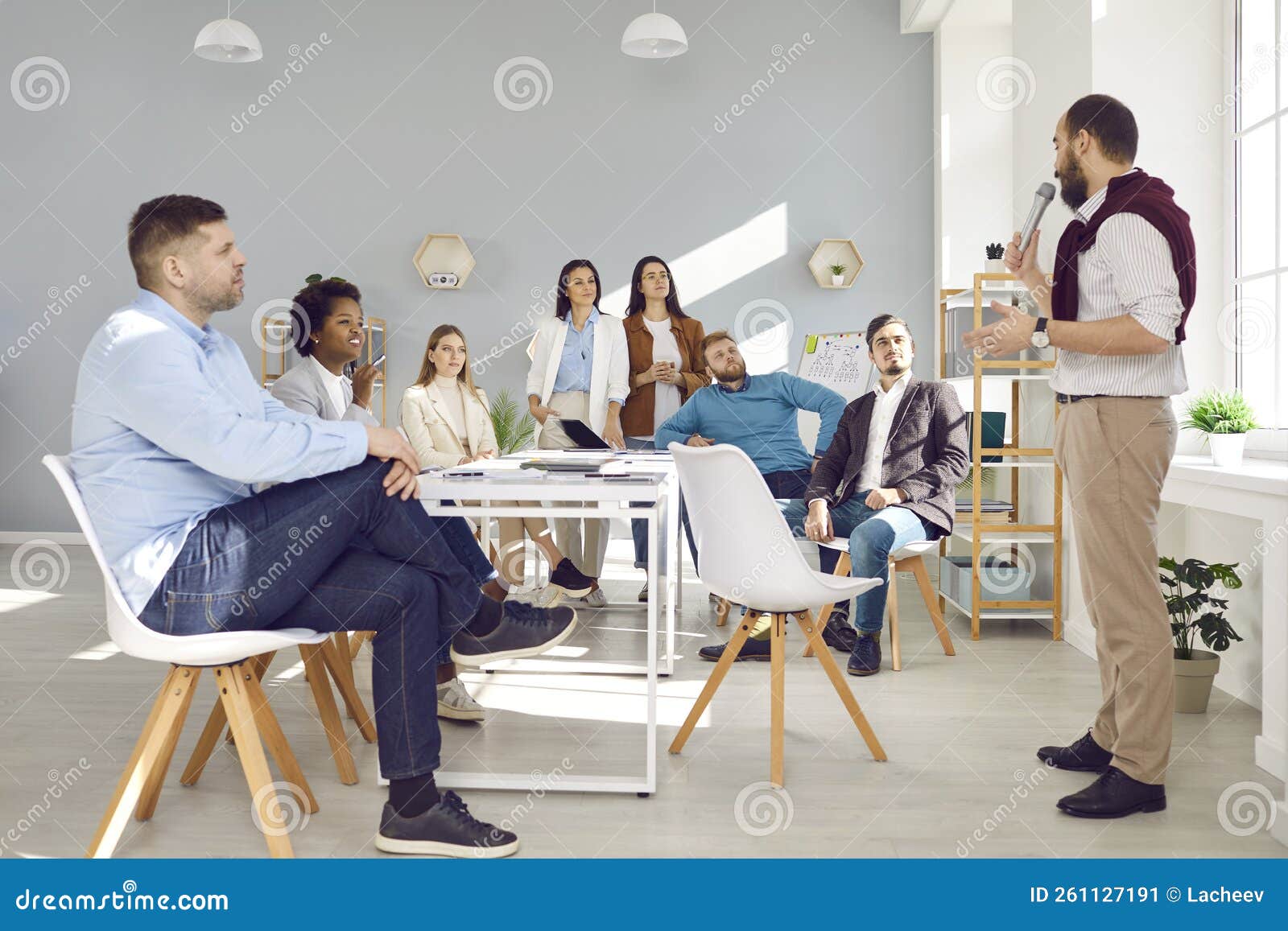 Man Coach Talk in Microphone Present for Diverse Employees Stock Image ...