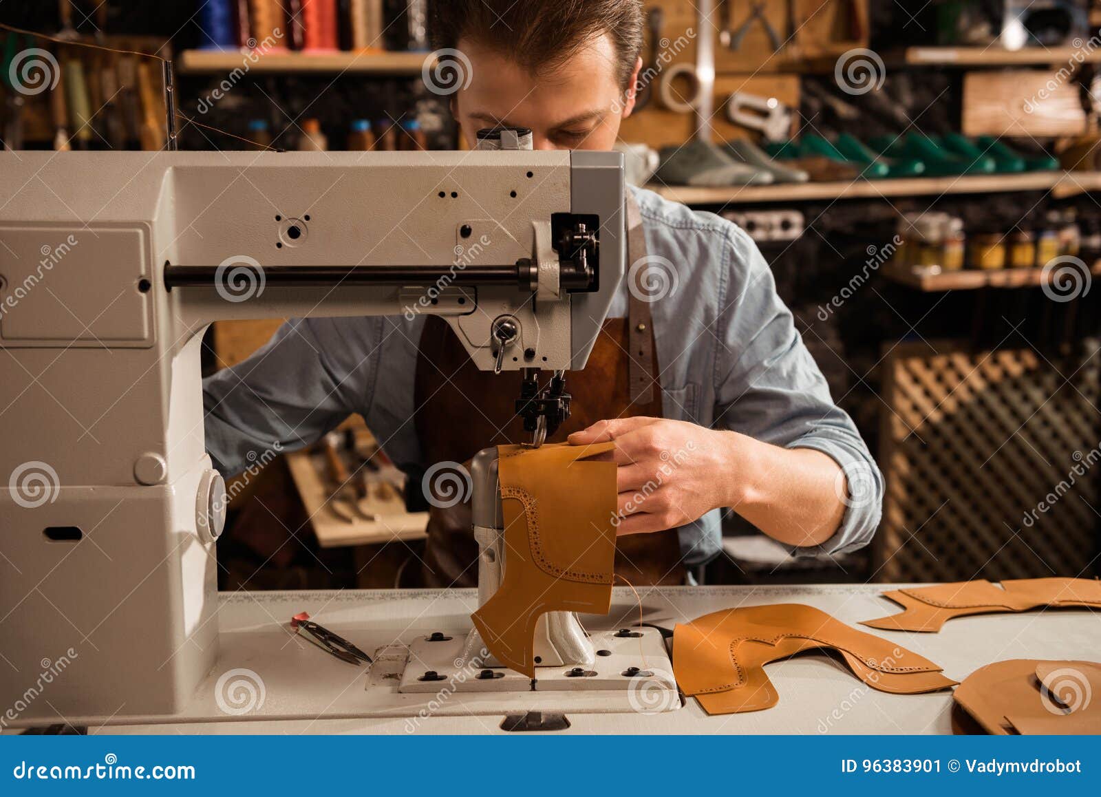 Man Cobbler Stitching Leather Patrs Stock Image - Image of leather ...