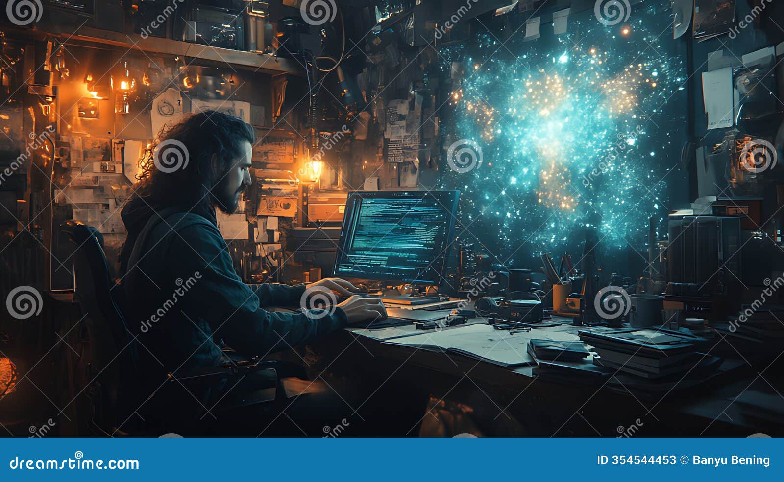 Man Coding in Cluttered Room, Cosmic Nebula Projected on Wall Stock ...