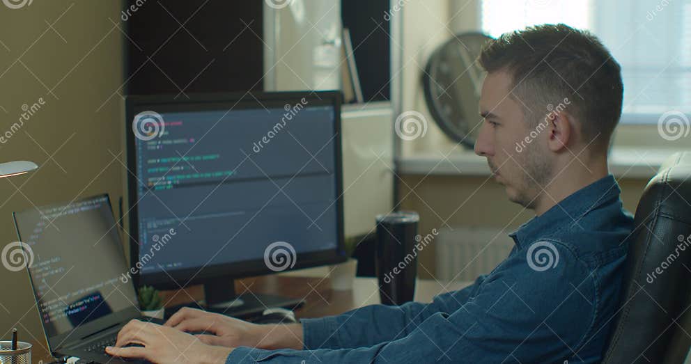 Man Coding Html and Programming on Screen Monitors, Development Web, Developer. Stock Image ...