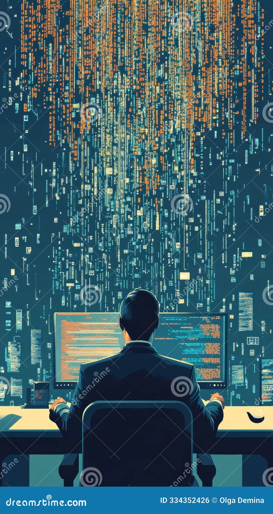 Man Coding at a Workstation Surrounded by Lines of Digital Data. Programming and Software ...