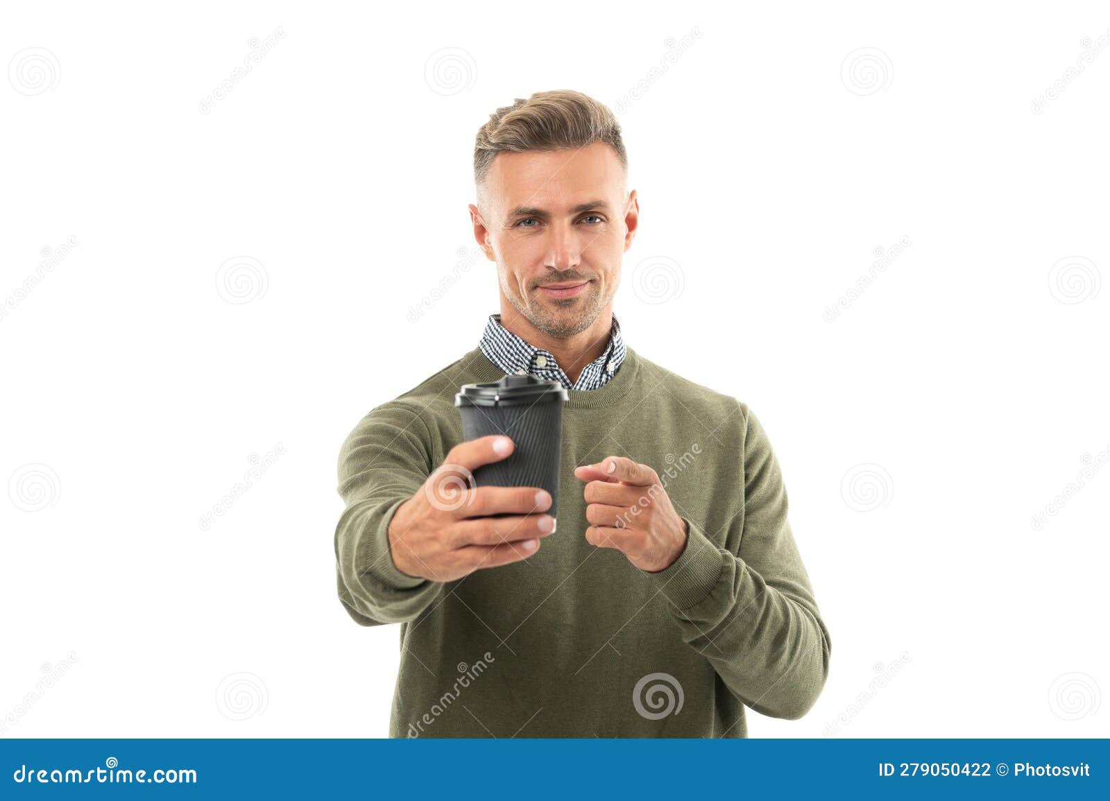 Man at Coffee Break in Studio, Point Finger. Man at Coffee Break on ...