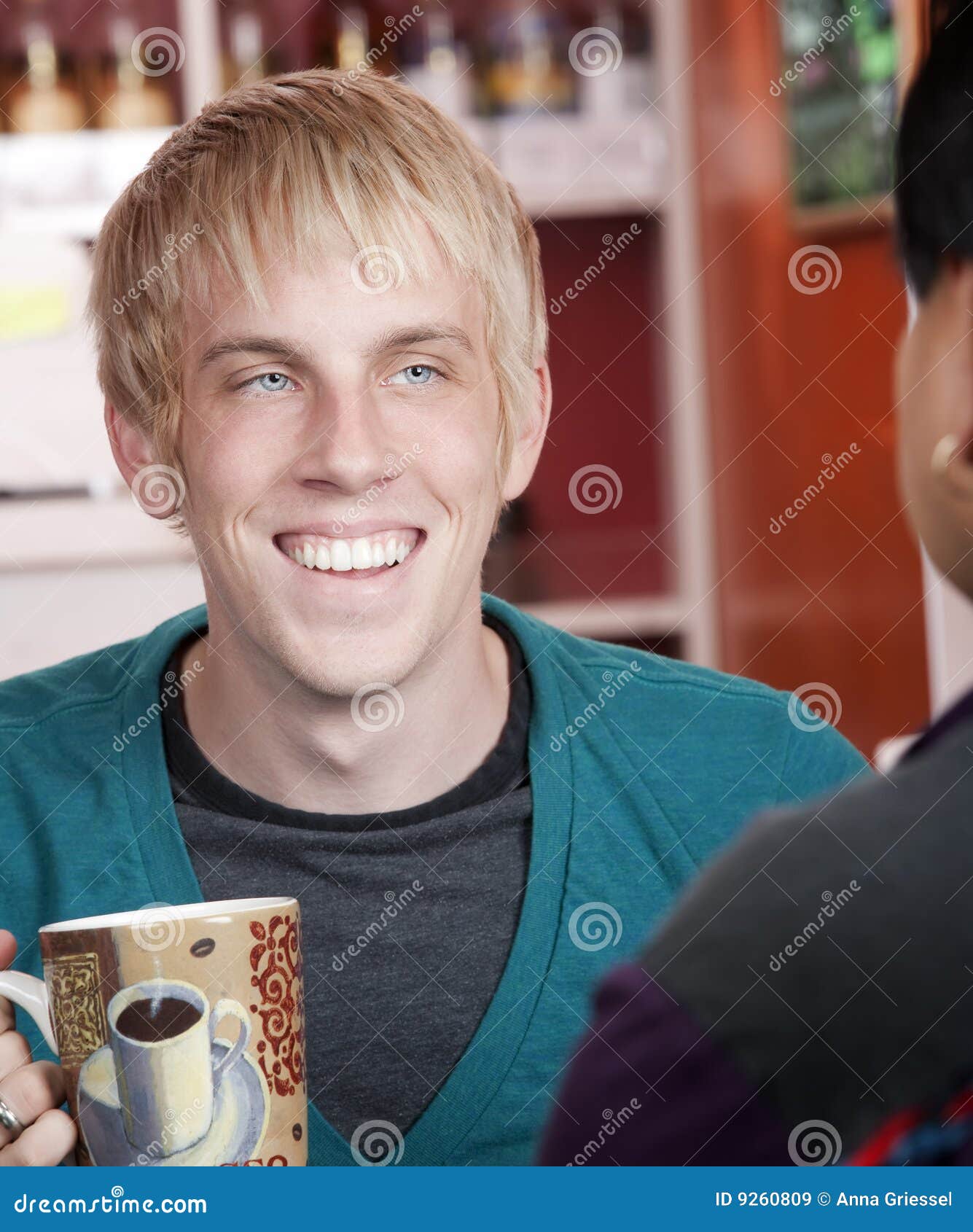 Man in Coffee House with Male Friend Stock Image - Image of happy ...