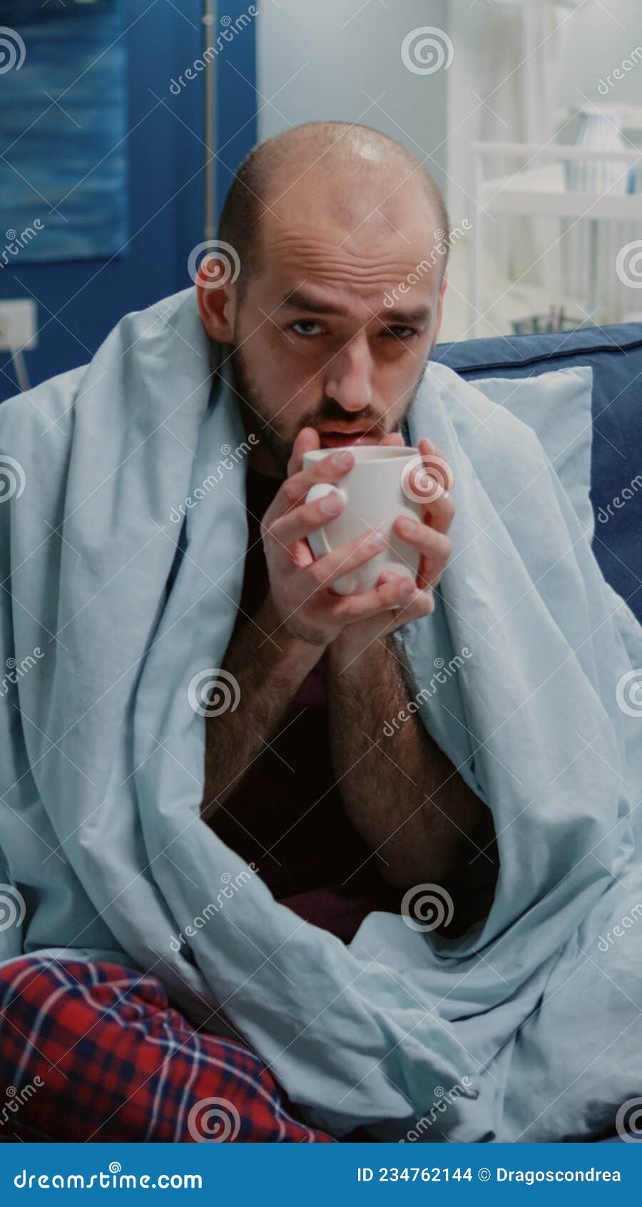 Man with Cold Shivering and Drinking Cup of Tea Stock Photo - Image of ...