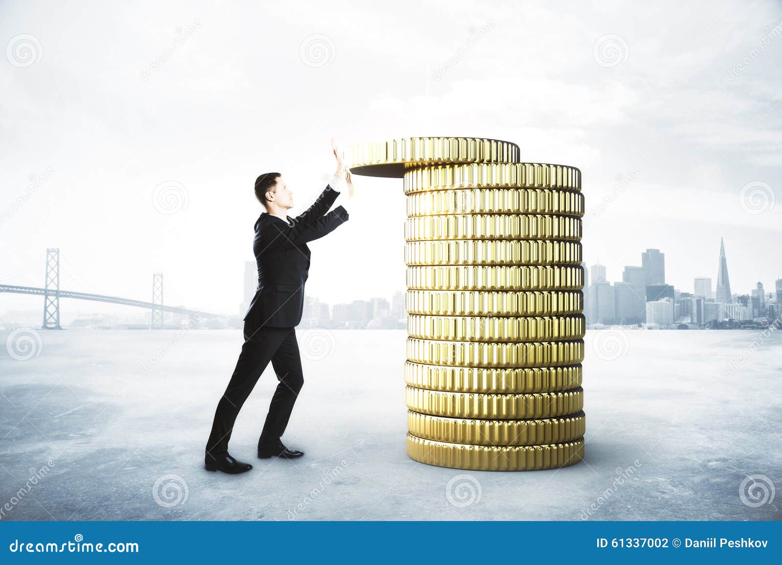 Man Collects a Stack of Gold Coins, Saving Money Concept Stock Photo ...