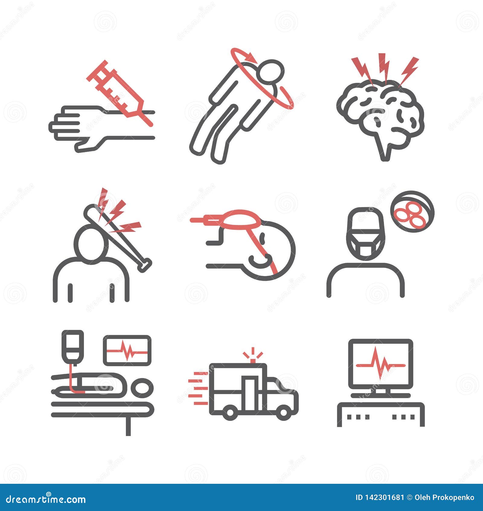 Man In A Coma. Hospital Bed. Infographic Line Icons. Vector ...