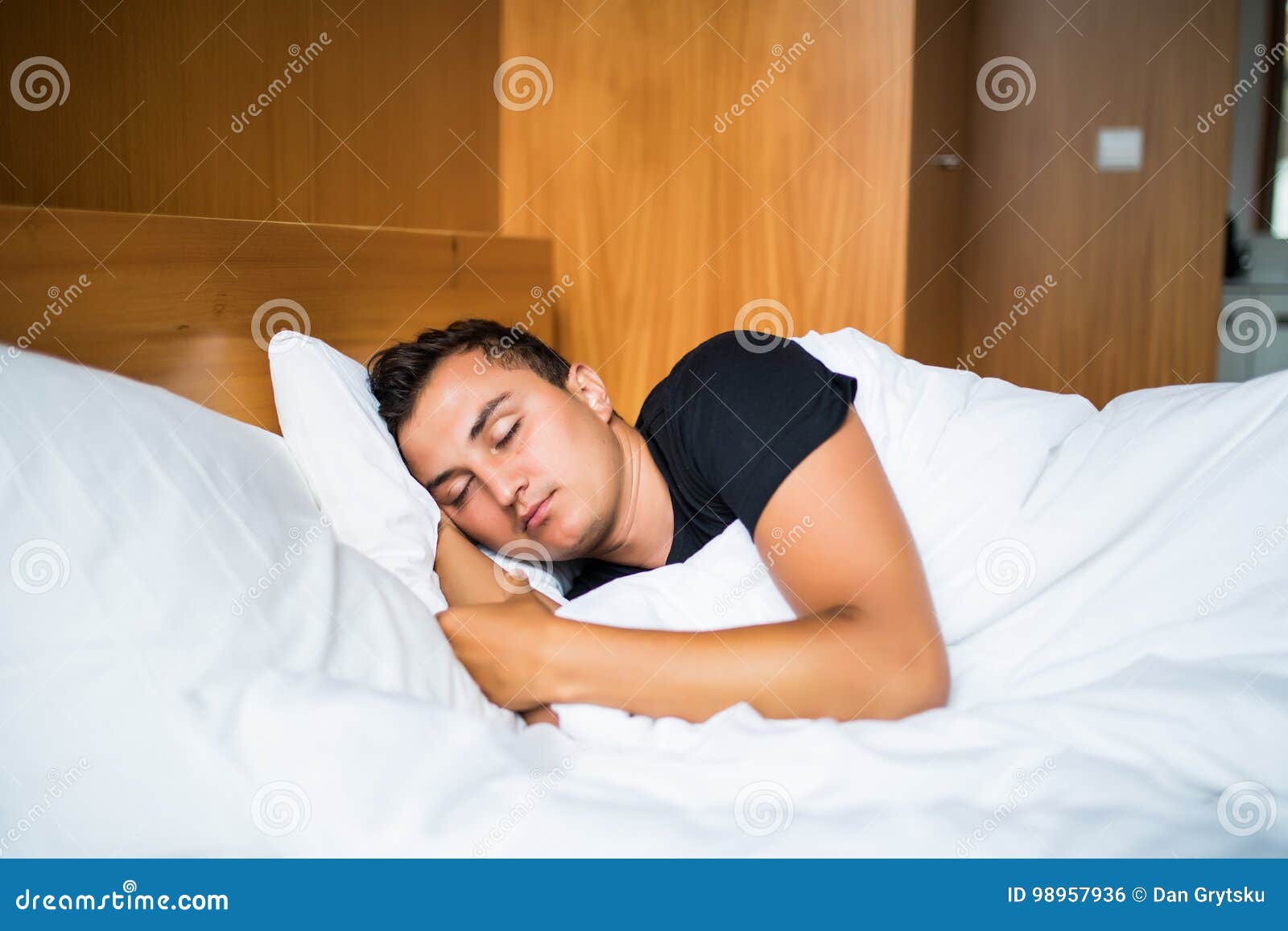 Handsome Man Comfortably Sleeping in His Bed at Night Stock Photo ...