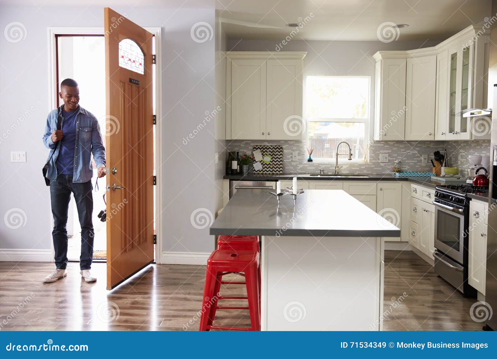 Man Coming Home from Work and Opening Door of Apartment Stock Image ...