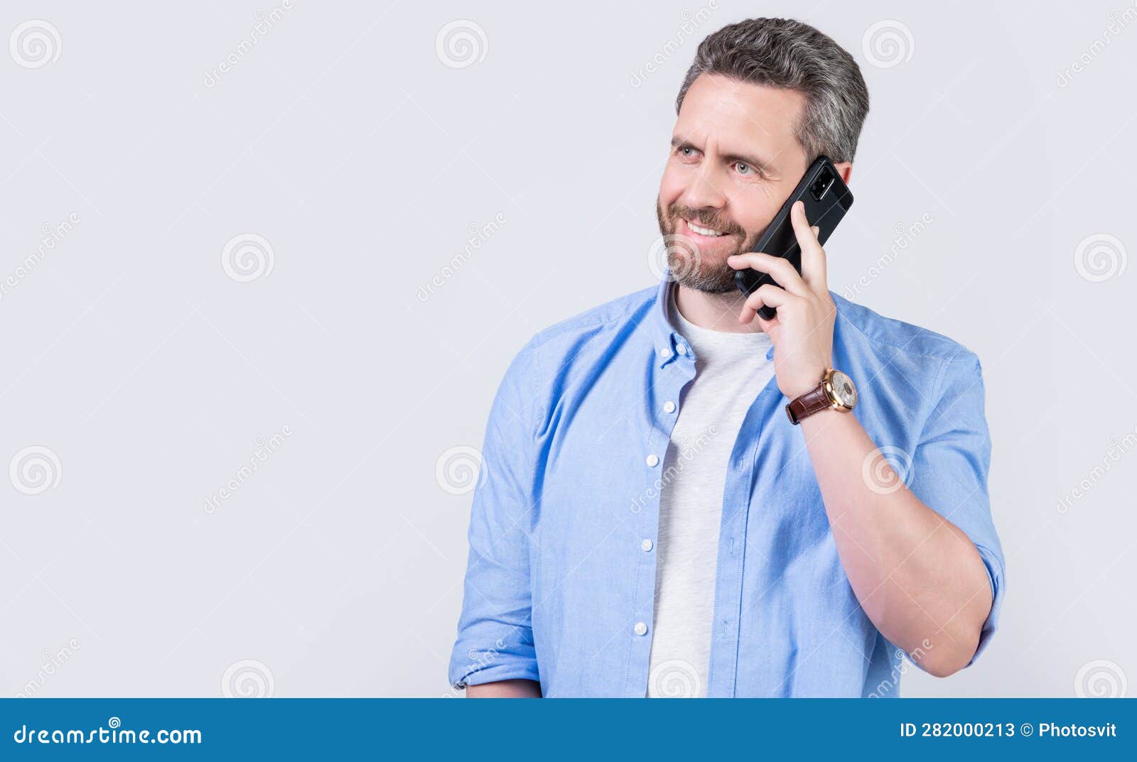 Man with Communication Call in Studio, Banner. Communication Call of ...