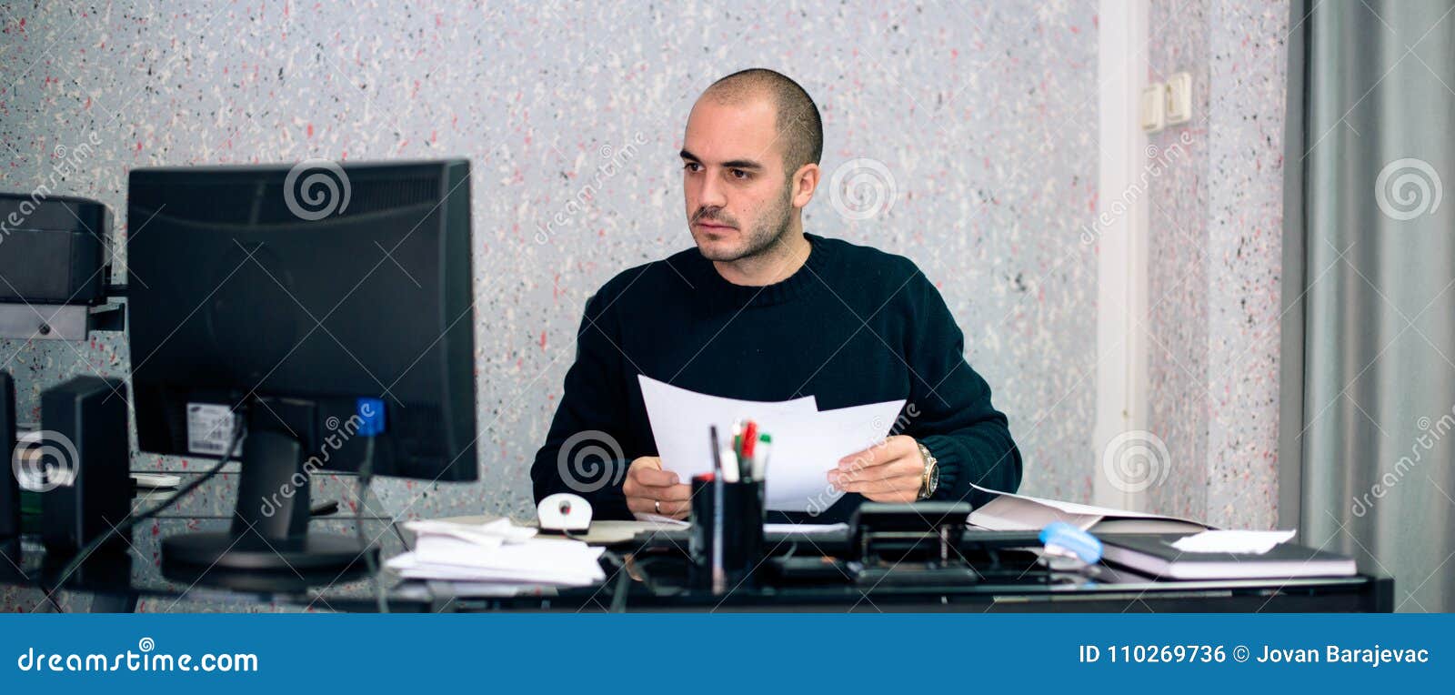 Man Comparing Datas on Paper and Online Stock Photo - Image of adult ...