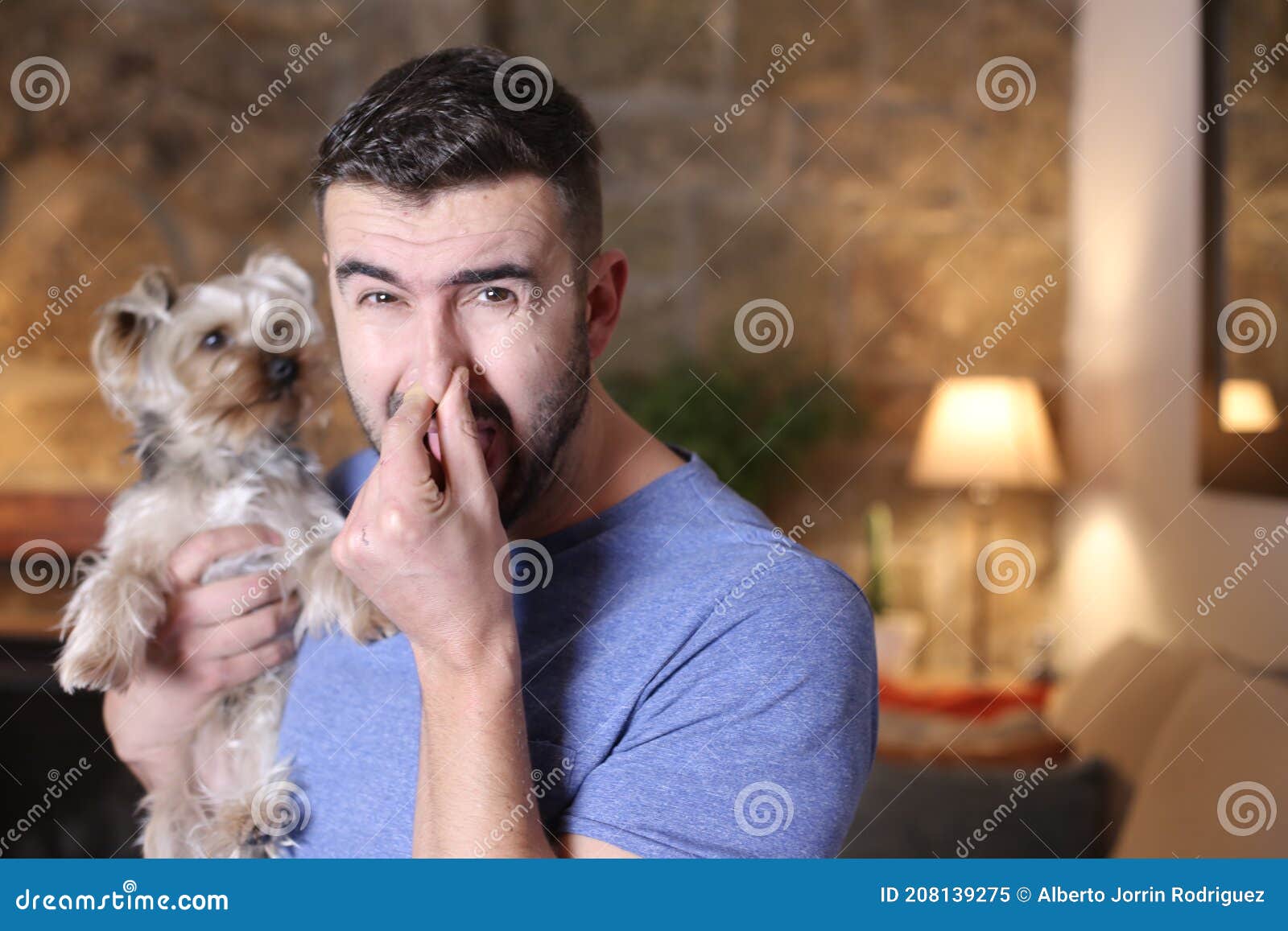 Man Complaining about Dog Smell Stock Image - Image of lotion, indoor ...