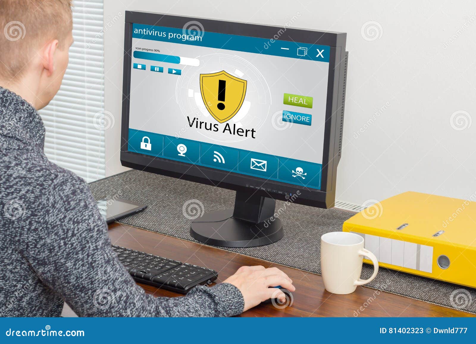 Man and computer antivirus stock image. Image of internet - 81402323