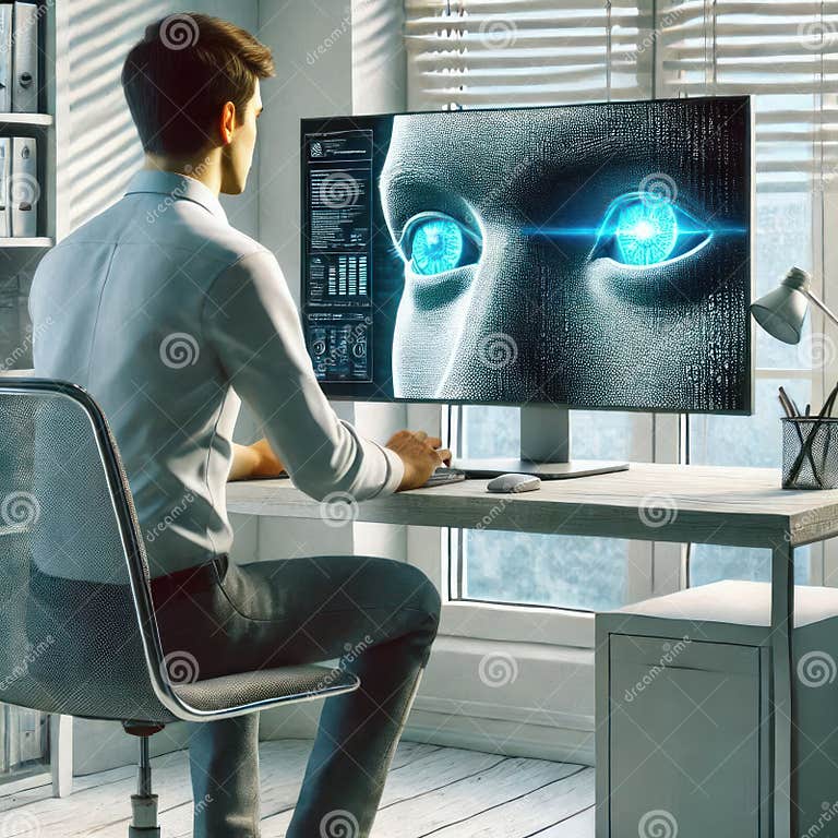 A Man at a Computer with Artificial Intelligence Eyes on a Monitor ...
