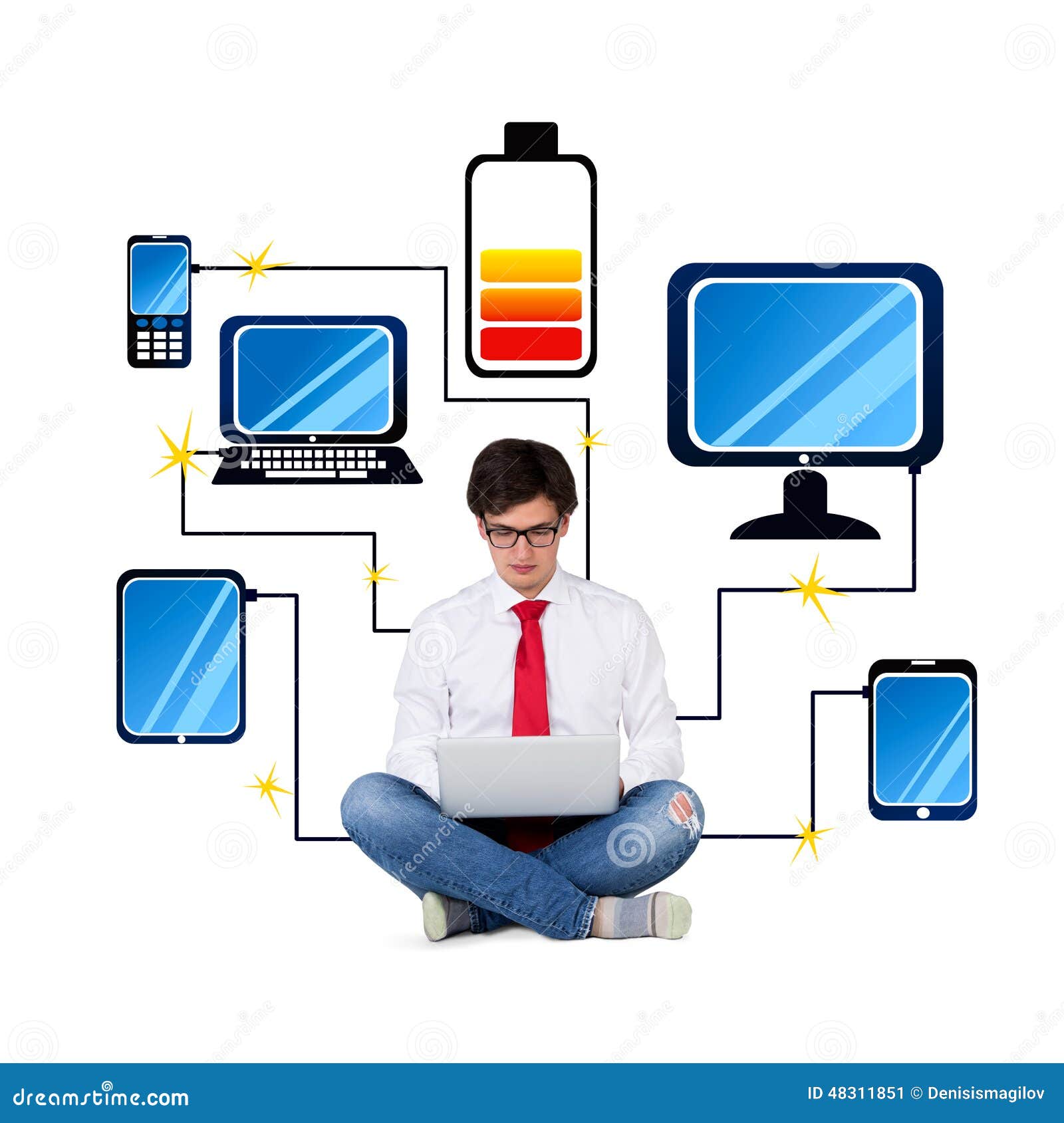 Man with Computer Connected To Gadgets Stock Image - Image of gadgets ...