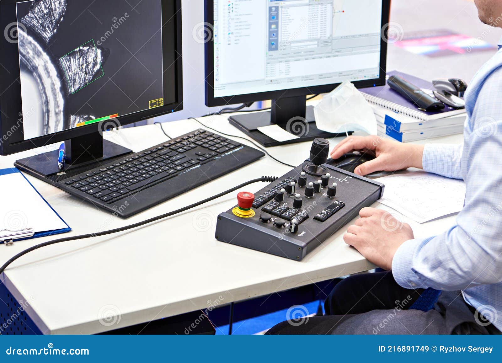 Man at Computer and Digital Microscope Control Panel Stock Image ...