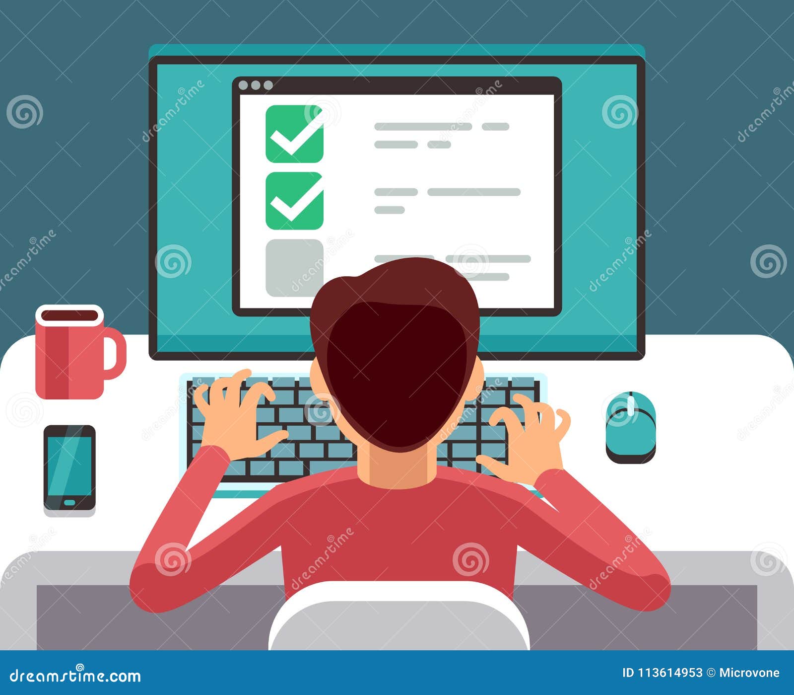 Man at Computer Filling Online Questionnaire Form. Survey Vector Flat ... Man at Computer Filling Online Questionnaire Form. Survey Vector Flat ...