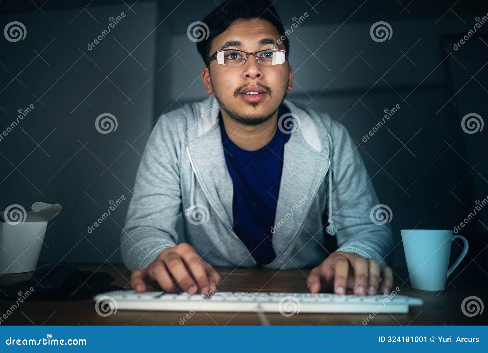 Man Computer And Keyboard At Night In Office Of Data Coding Problem Solving Or Software Design