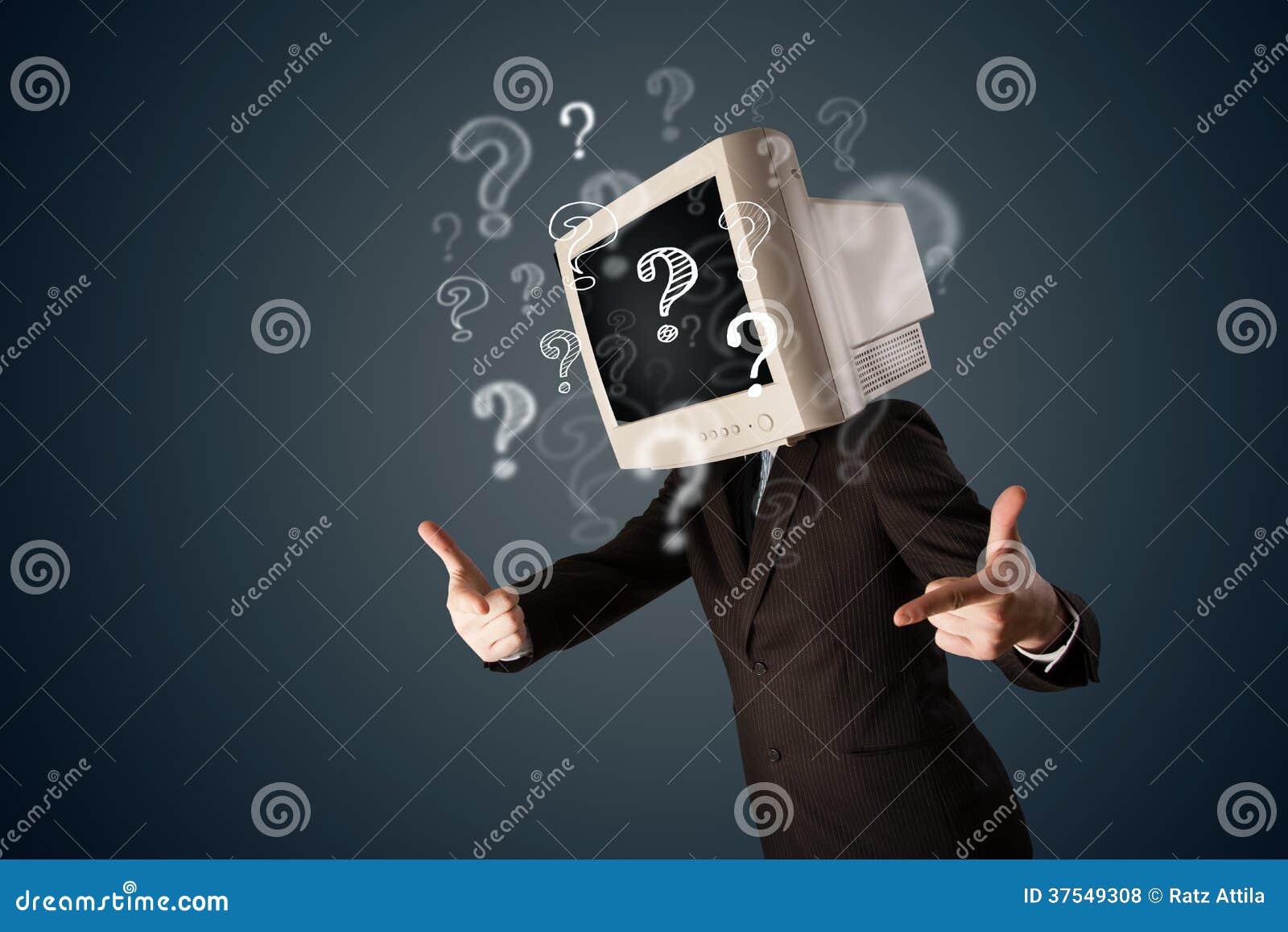 Man with a Computer Monitor Head and Question Marks Stock Photo - Image ...