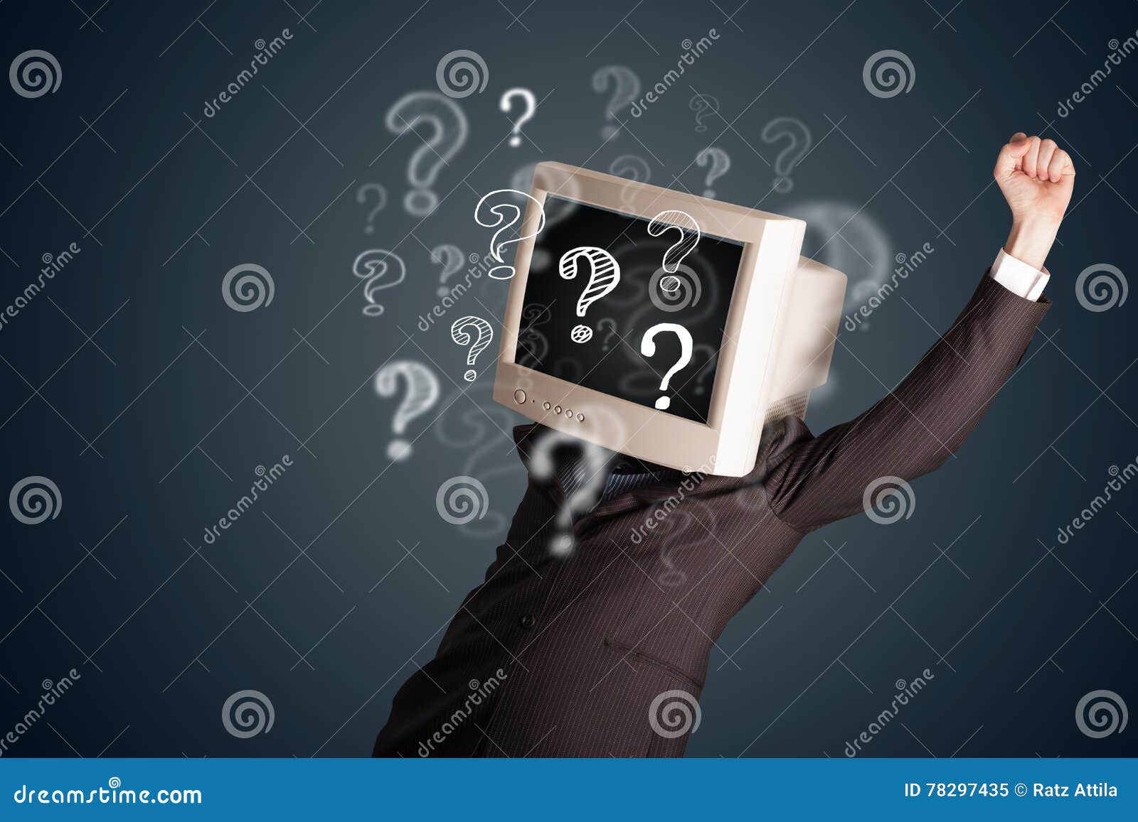 Man with a Computer Monitor Head and Question Marks Stock Image - Image ...