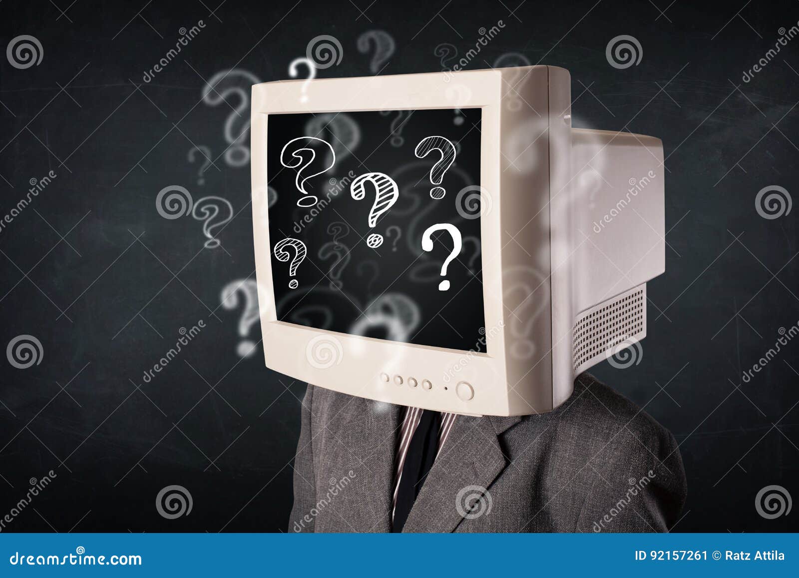 Man with a Computer Monitor Head and Question Marks Stock Image - Image ...