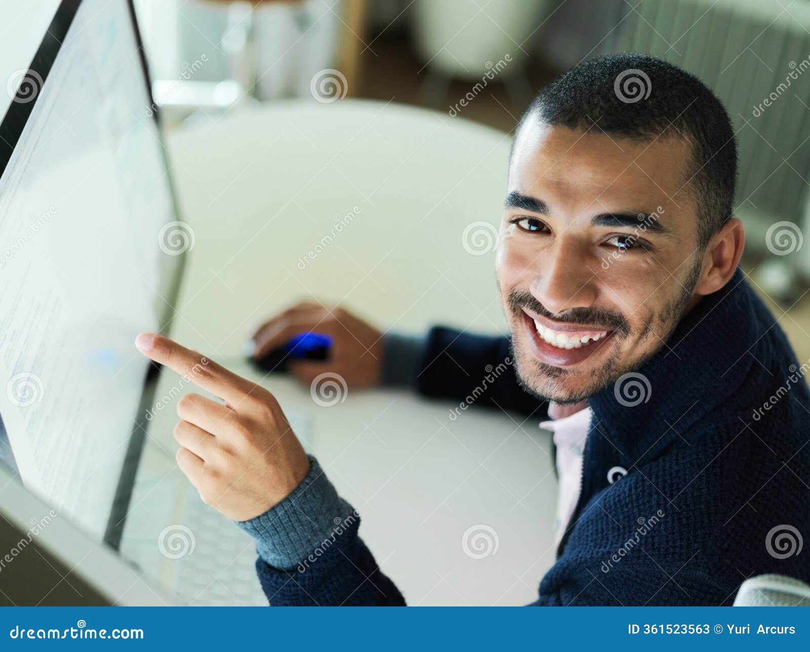 Man, Computer and Pointing To Screen in Office, Web Development and Online for Writing Html. Top ...