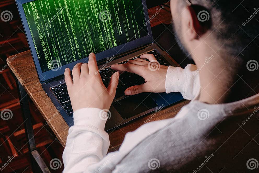 Man with Computer Screen with Green Binary Matrix Binary Stock Image - Image of communication ...