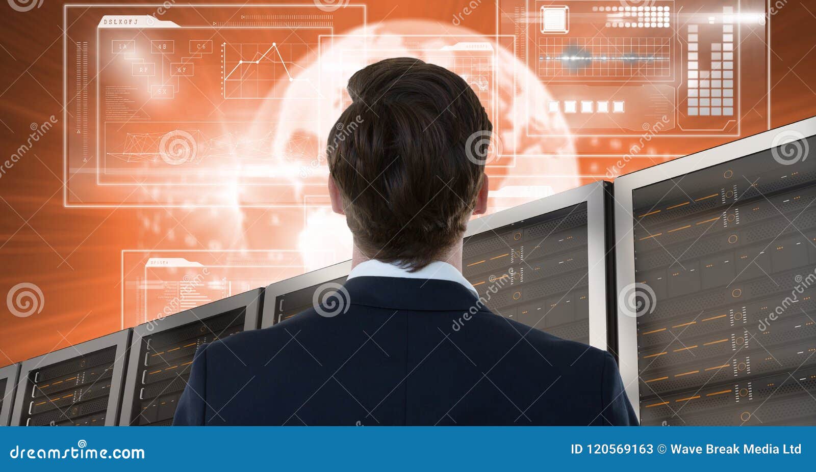 Man with Computer Servers and Technology Information Interface Stock ...