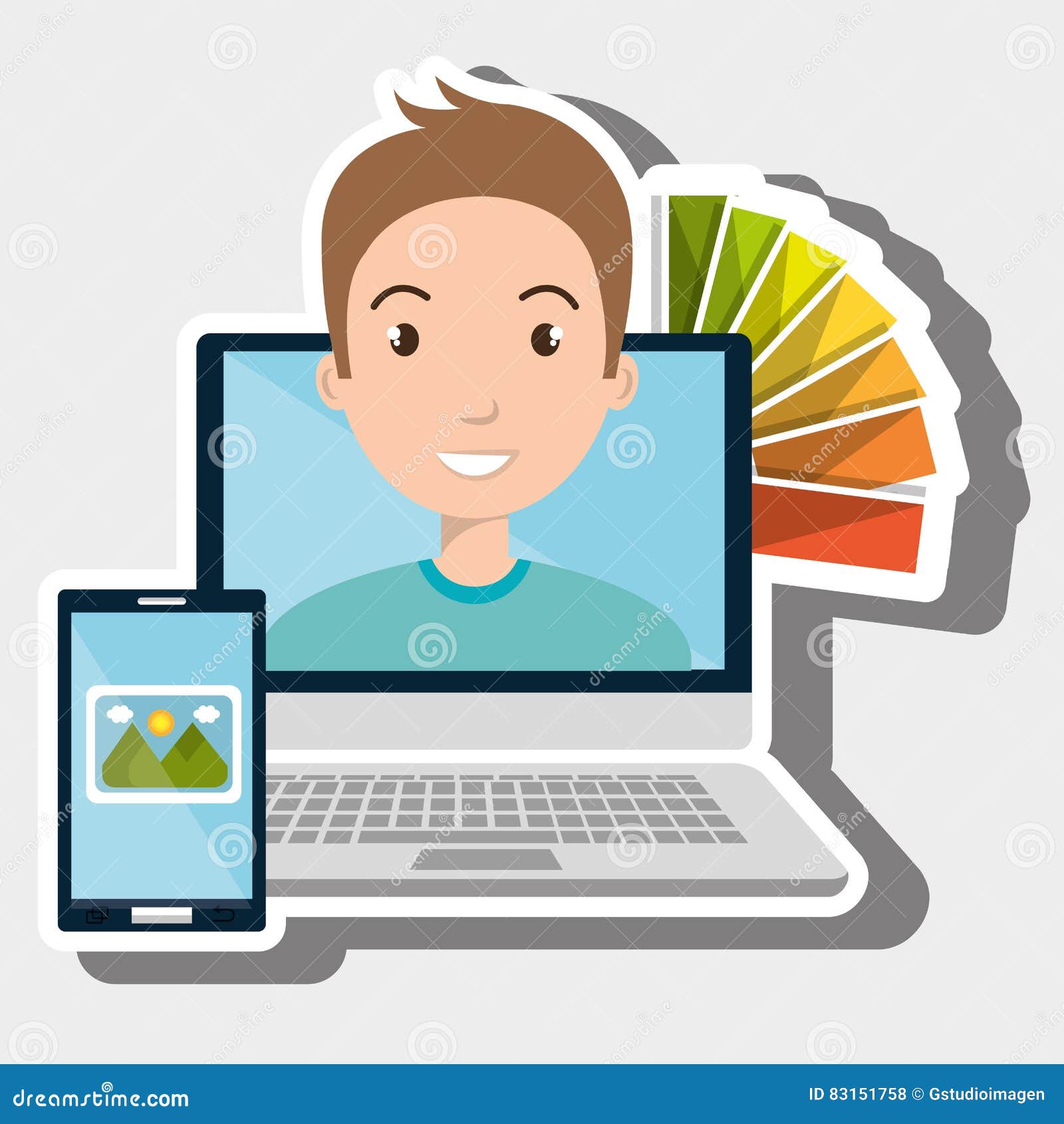 Man Computer Smartphone Chart Color Stock Illustration - Illustration ...