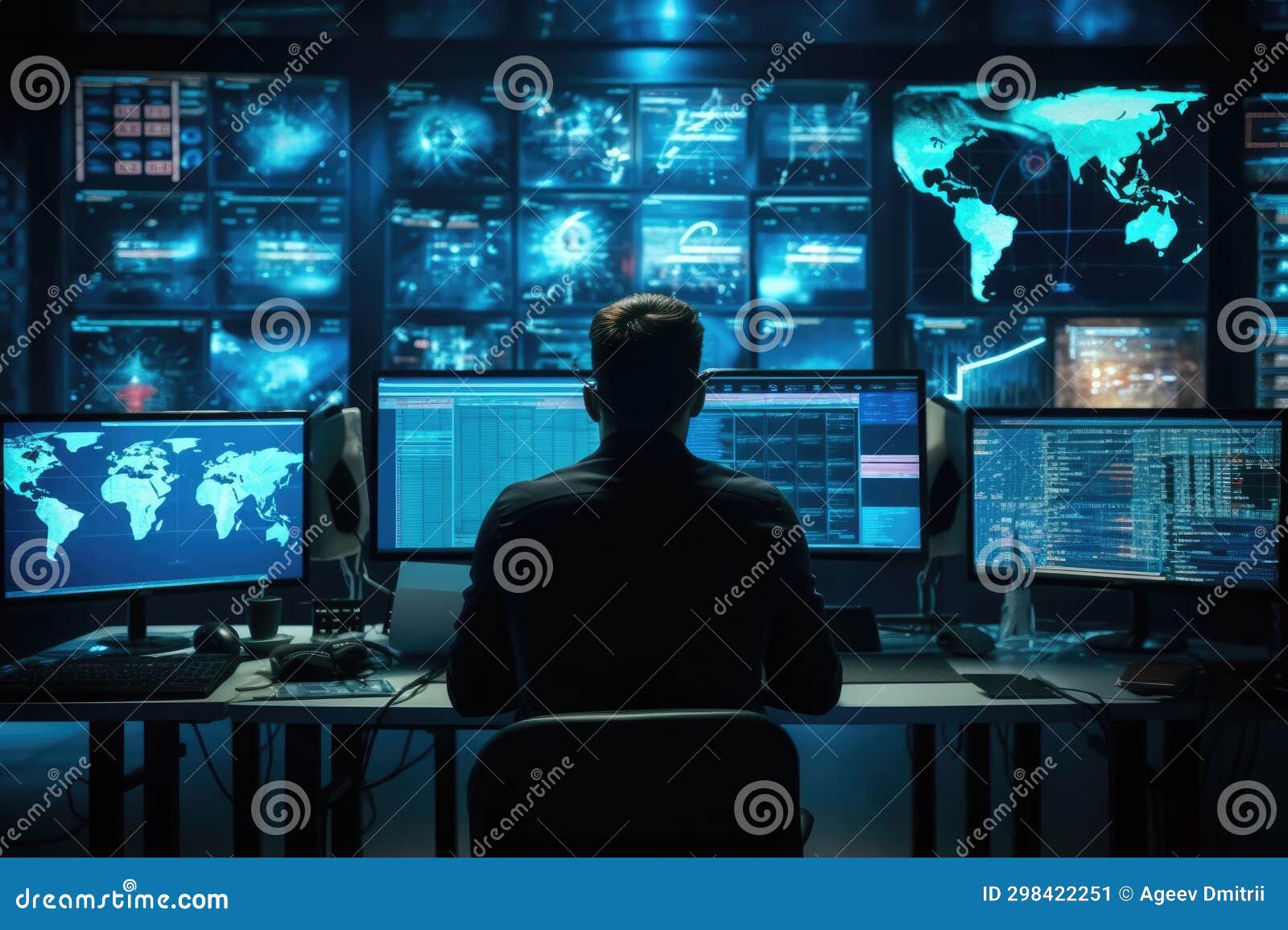 Man Computer System Secure Information Room Monitoring Center ...