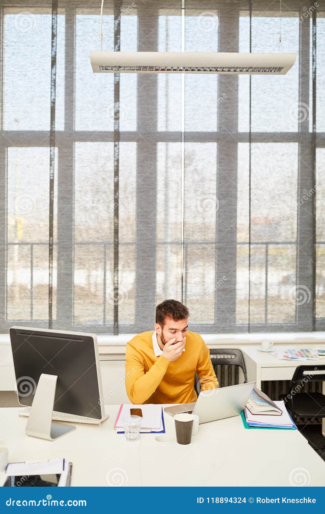 Man with Computer Thinks about Problem Stock Photo - Image of startup ...