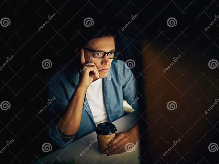 Man, Computer and Tired at Night with Coffee for Programming, Coding or Cybersecurity Research ...