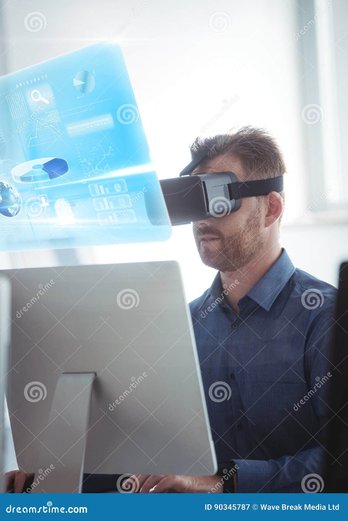 Man on Computer Wearing VR Virtual Reality Headset with Interface Stock ...
