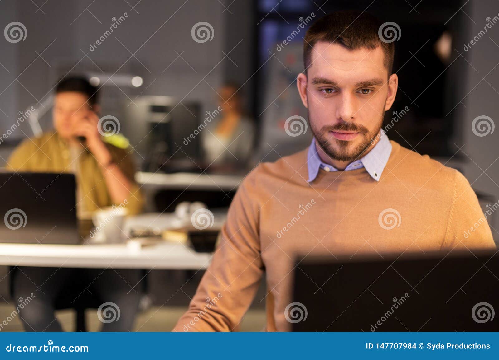 Man with Computer Working Late at Night Office Stock Photo - Image of ...