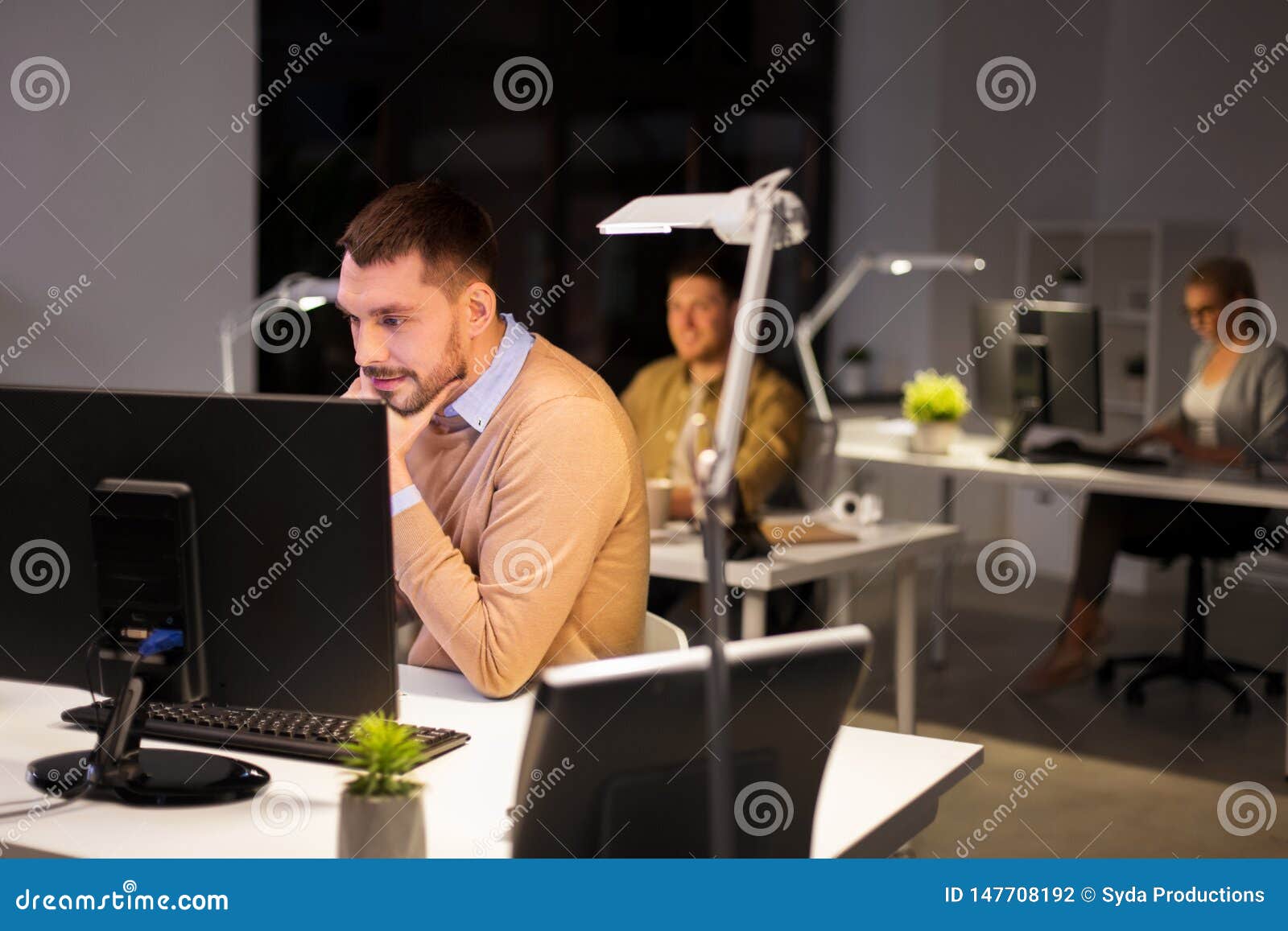 Man with Computer Working Late at Night Office Stock Photo - Image of ...