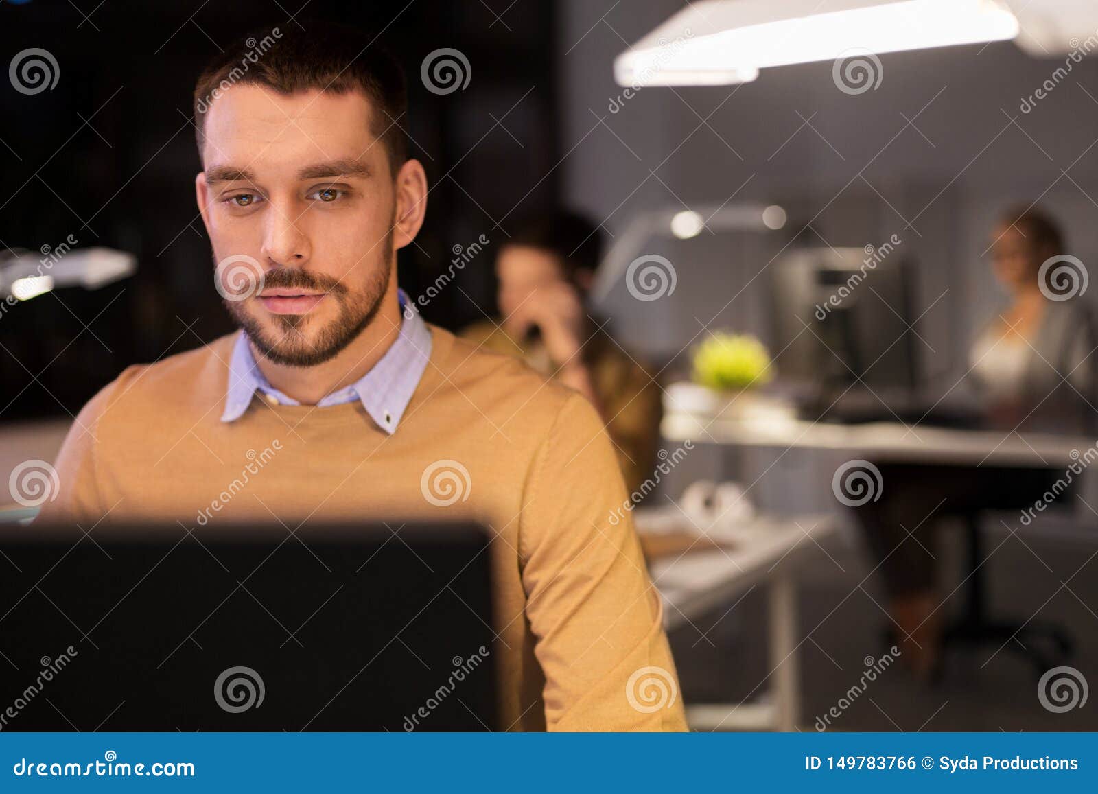 Man with Computer Working Late at Night Office Stock Photo - Image of ...