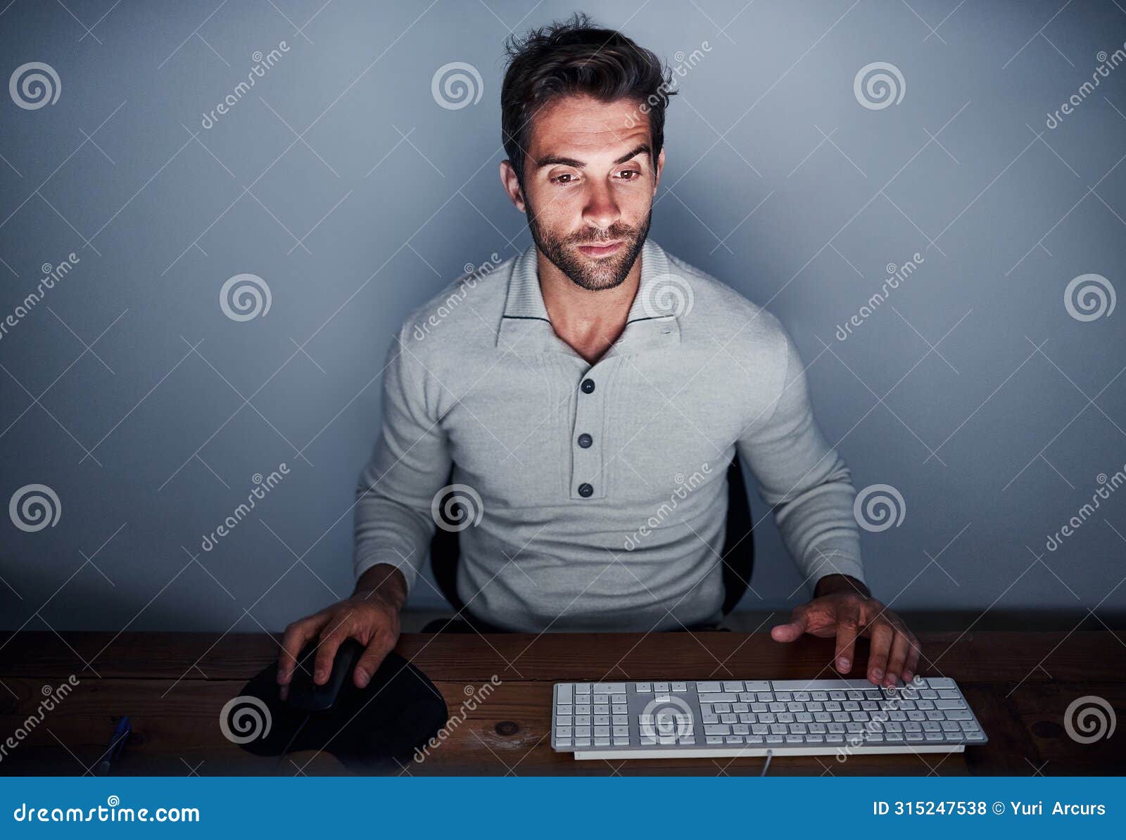 Man, Computer and Working at Night with Keyboard in House for Design ...