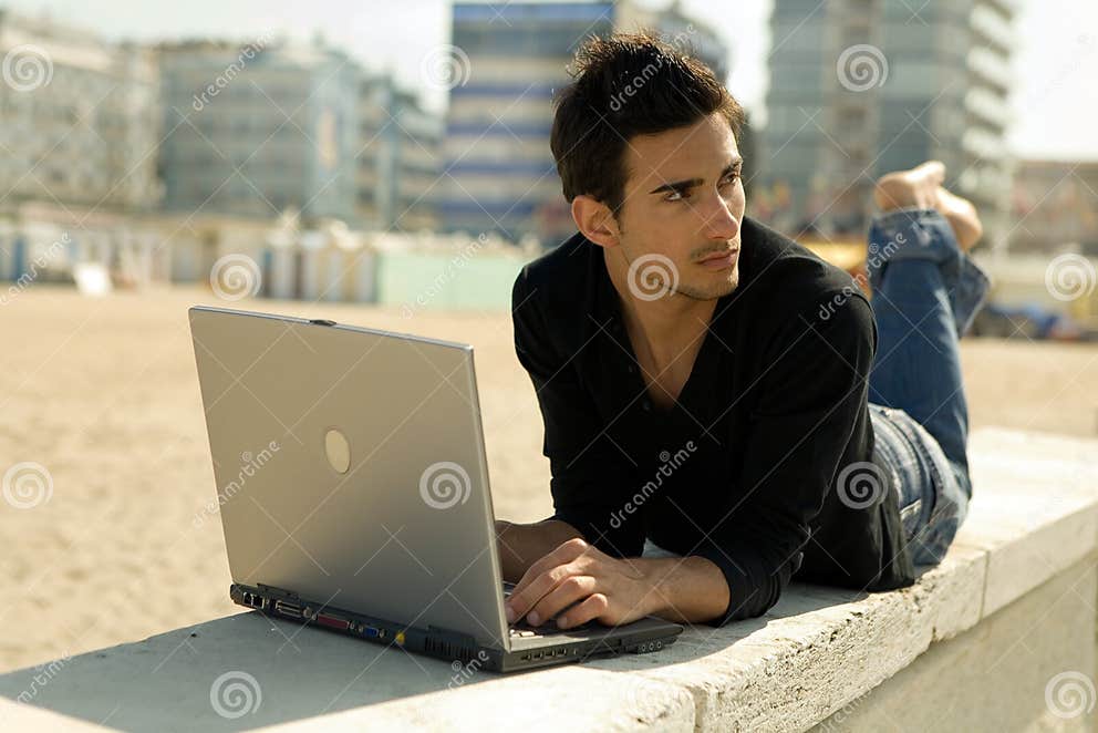 Man with Computer Working Outd Stock Photo - Image of person, easy: 2444460
