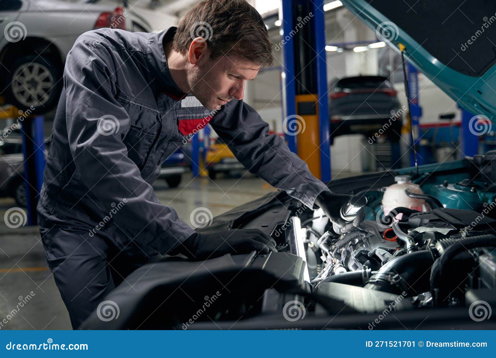 Man Conducts Full Technical Check of Auto Stock Image - Image of ...