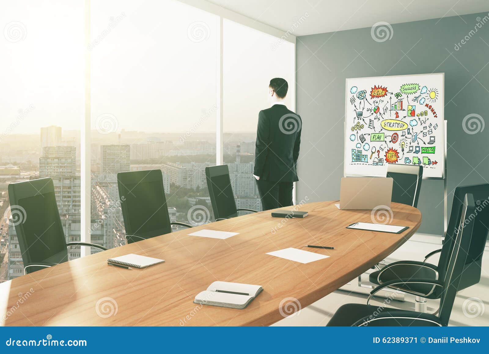 Man in Conference Room with Blackboard at Sunrise Stock Image - Image ...