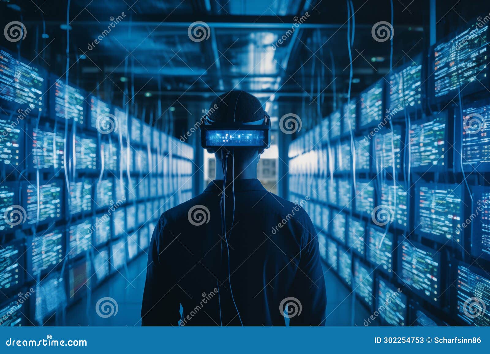 A Man with Connected Futuristic Device in a Data Center. Metaverse and ...