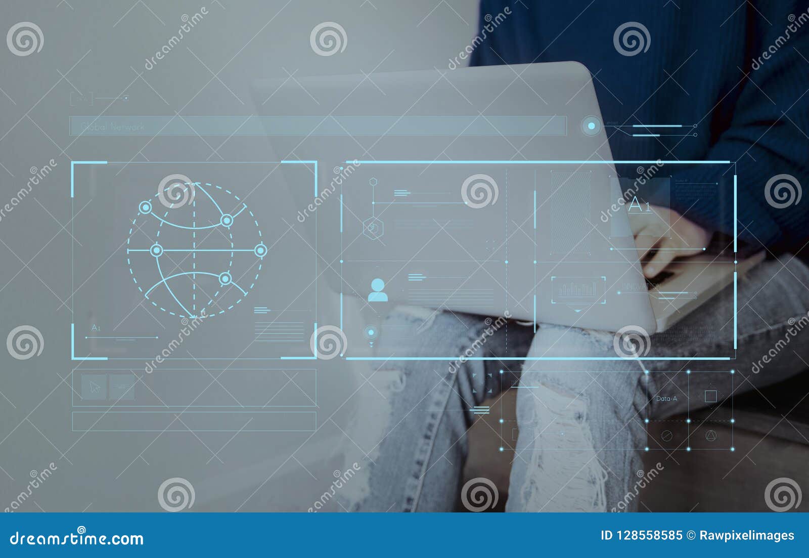 Man Connected with Global Communications Network by Laptop Stock Image ...